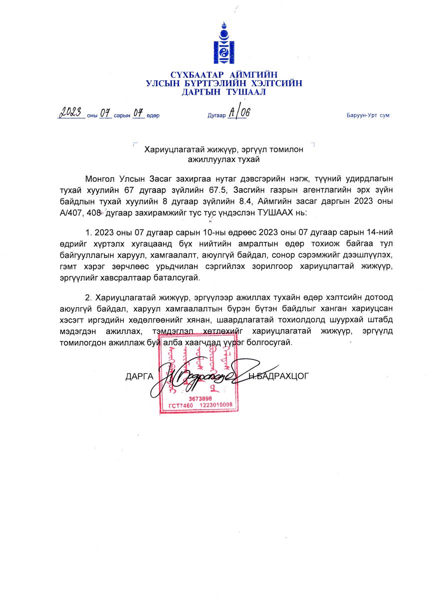 Хариуцлагатай жижүүр эргүүл томилон ажиллуулах тухай Сүхбаатар аймгийн улсын бүртгэлийн хэлтэс